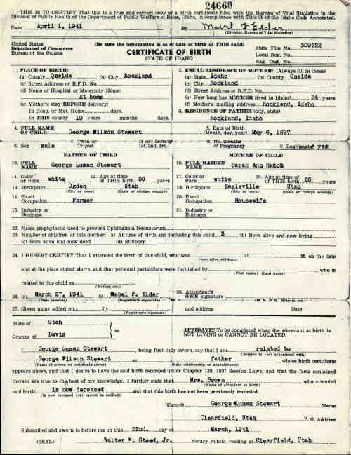George Wilson Stewart Birth Cert (Click on Picture to View Full Size)
